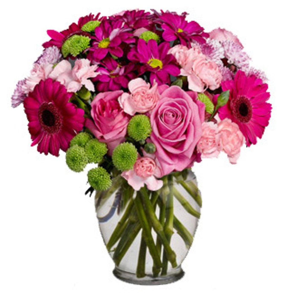 Vase with 6 Pink Roses, 6 Pink Carnations & 6 pink Gerberas
